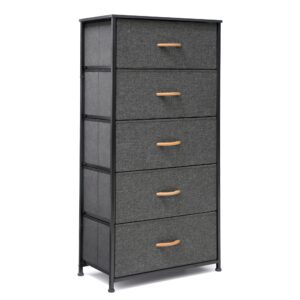 VredHom Fabric Dresser for Bedroom, Tall Skinny dresser with 5 Wide Drawers, Storage Organizer Tower, Steel Frame Wooden Top for Closet, Living Room, Hallway, Nursery(Grey)