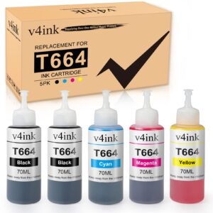 v4ink compatible 664 xl refill ink bottle replacement for 664 xl t664 for use with epson ecotank et-2500 et-2650 et-4500 l210 l310 l120 l485 l350 printer t664120 t664220 t664320 t664420-5 bottles