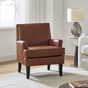 hulala home modern faux leather accent chair, comfy upholstered sofa chair with nailhead trim, living room bedroom armchair with wood legs, brown