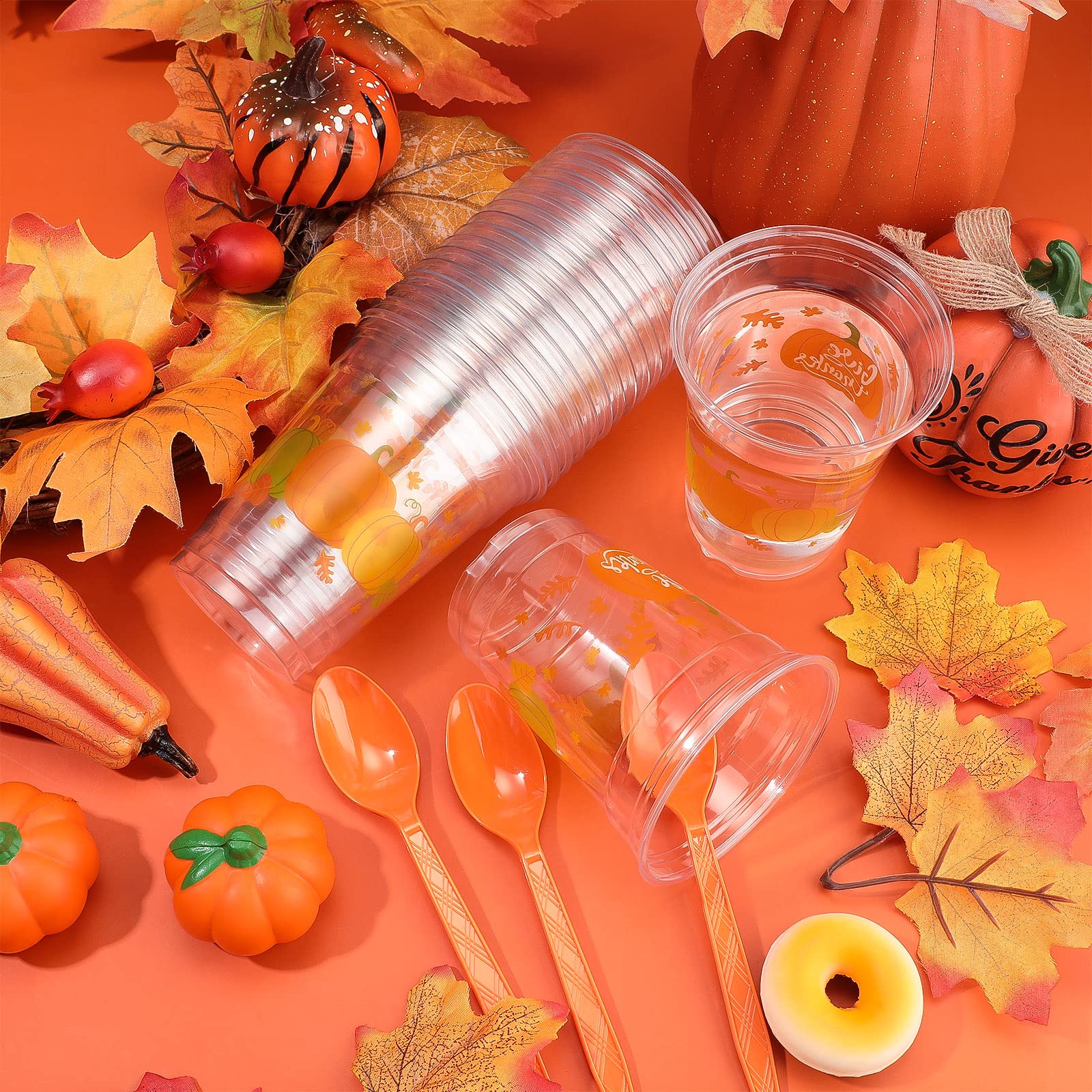 100 Pcs 12 oz Thanksgiving Disposable Cups Autumn Clear Plastic Cups Tumblers Disposable Wine Glasses Plastic Glasses Wedding Cups for Liquor Coffee Juice (Pumpkin)