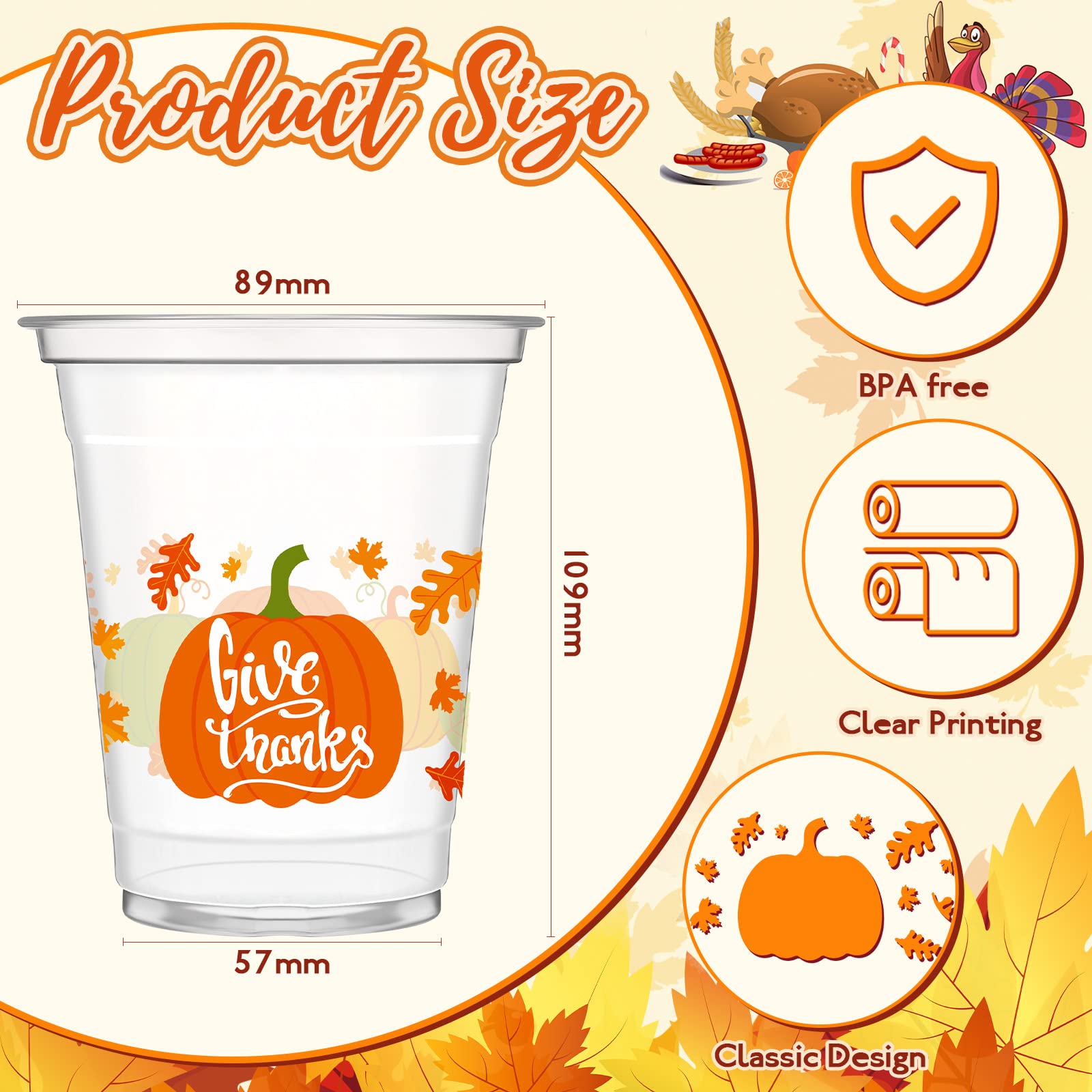 100 Pcs 12 oz Thanksgiving Disposable Cups Autumn Clear Plastic Cups Tumblers Disposable Wine Glasses Plastic Glasses Wedding Cups for Liquor Coffee Juice (Pumpkin)