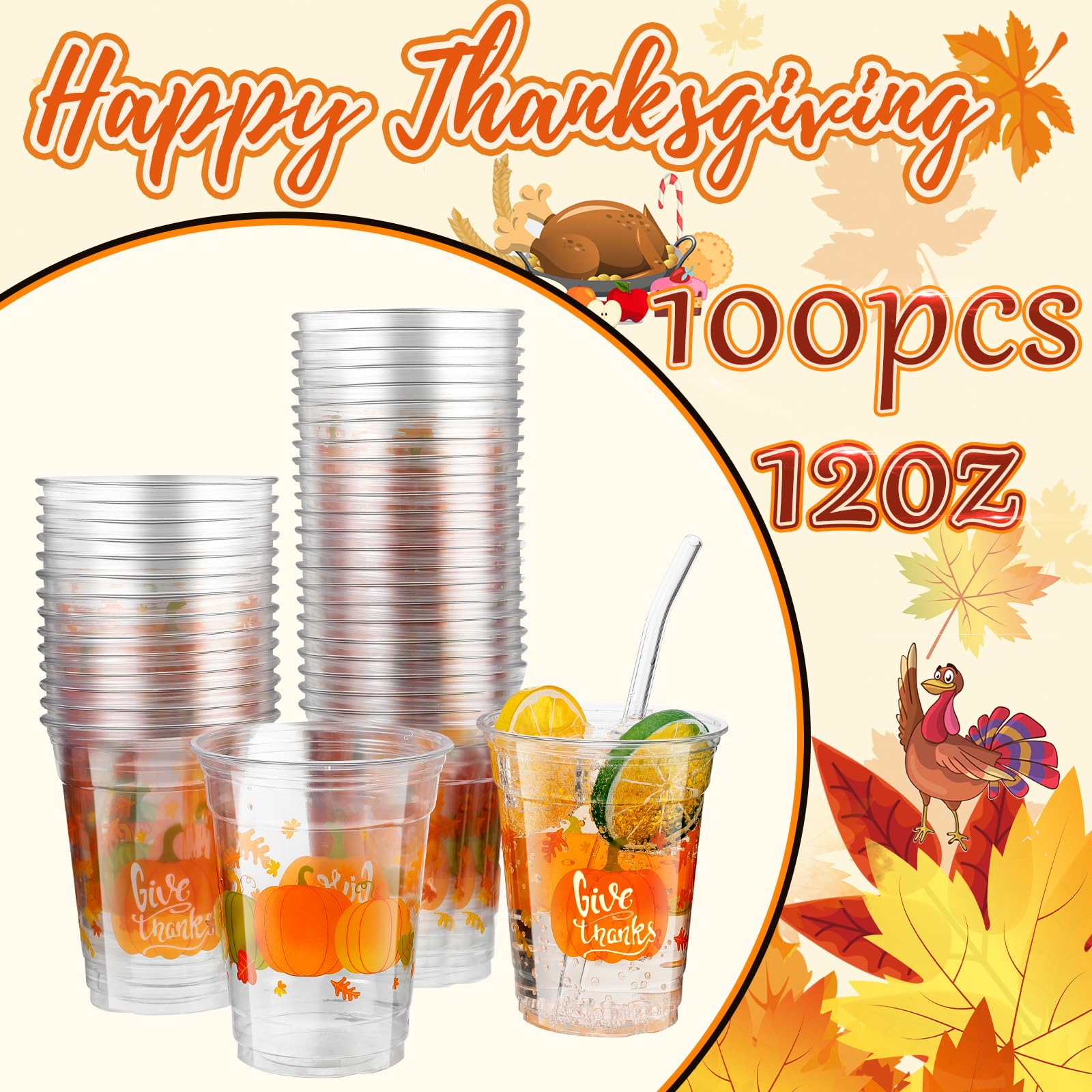 100 Pcs 12 oz Thanksgiving Disposable Cups Autumn Clear Plastic Cups Tumblers Disposable Wine Glasses Plastic Glasses Wedding Cups for Liquor Coffee Juice (Pumpkin)