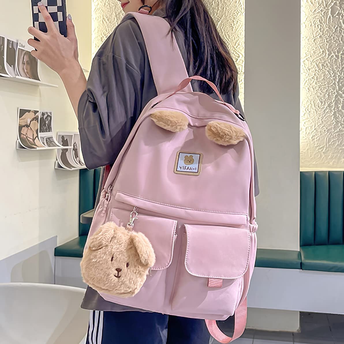 LaurelTree Kawaii Aesthetic Cute Backpack with Accessories 14 In Laptop Rucksack Travel Bag School Students Suppliers Girls (Pink)