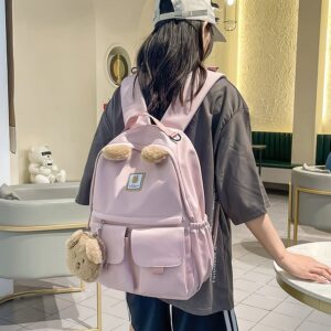 LaurelTree Kawaii Aesthetic Cute Backpack with Accessories 14 In Laptop Rucksack Travel Bag School Students Suppliers Girls (Pink)