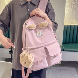 LaurelTree Kawaii Aesthetic Cute Backpack with Accessories 14 In Laptop Rucksack Travel Bag School Students Suppliers Girls (Pink)