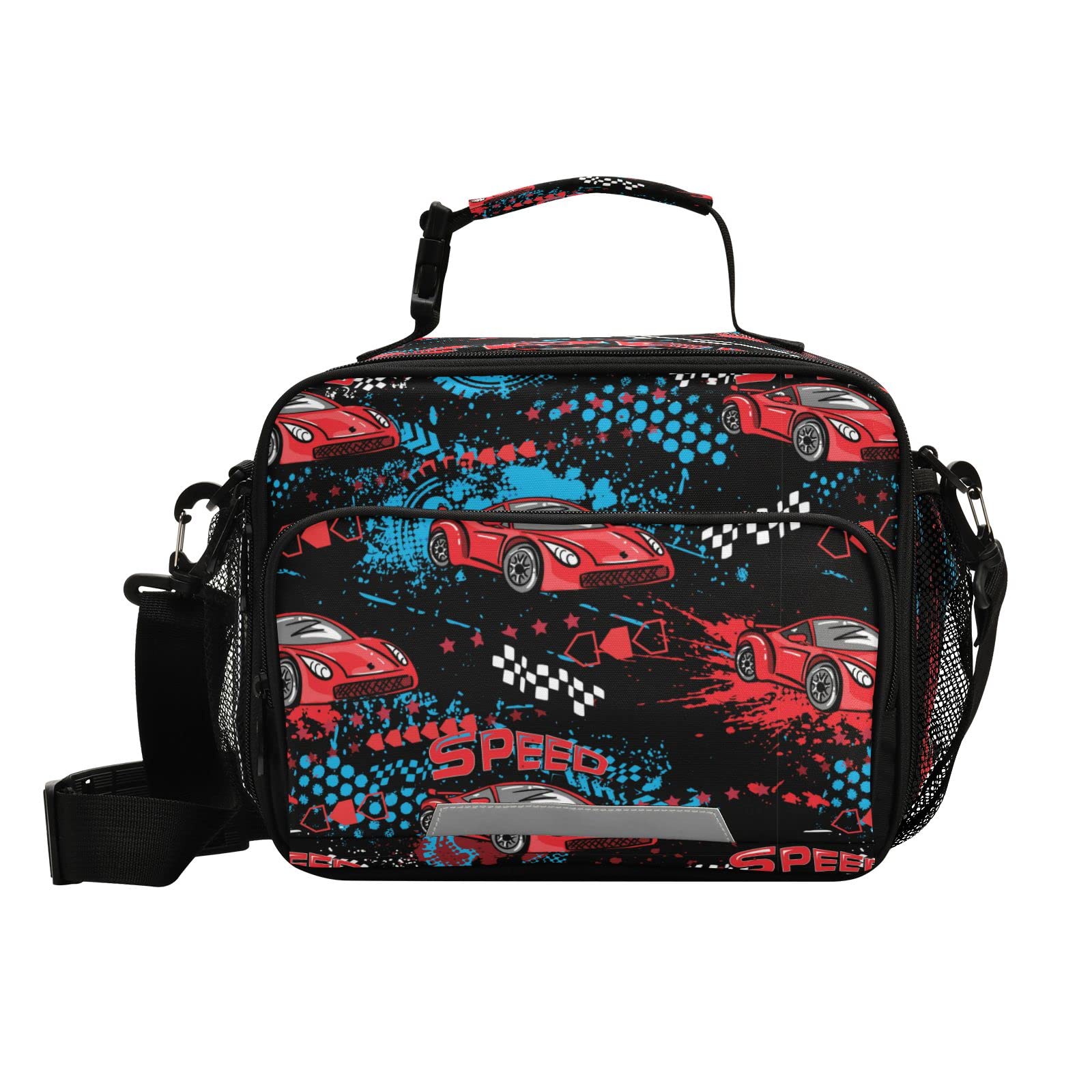 Dussdil Red Sport Speed Car Lunch Bags for Boys Kids Lunch Box Insulated Thermal Cooler Bag Reusable Organizer Tote Lunch Bag with Adjustable Shoulder Strap for Work Picnic Beach Sporting