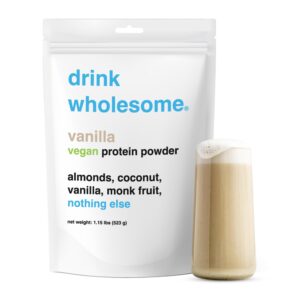 drink wholesome vegan vanilla almond protein powder | for sensitive stomachs | easy to digest | gut friendly | no bloating | 1.15 lb