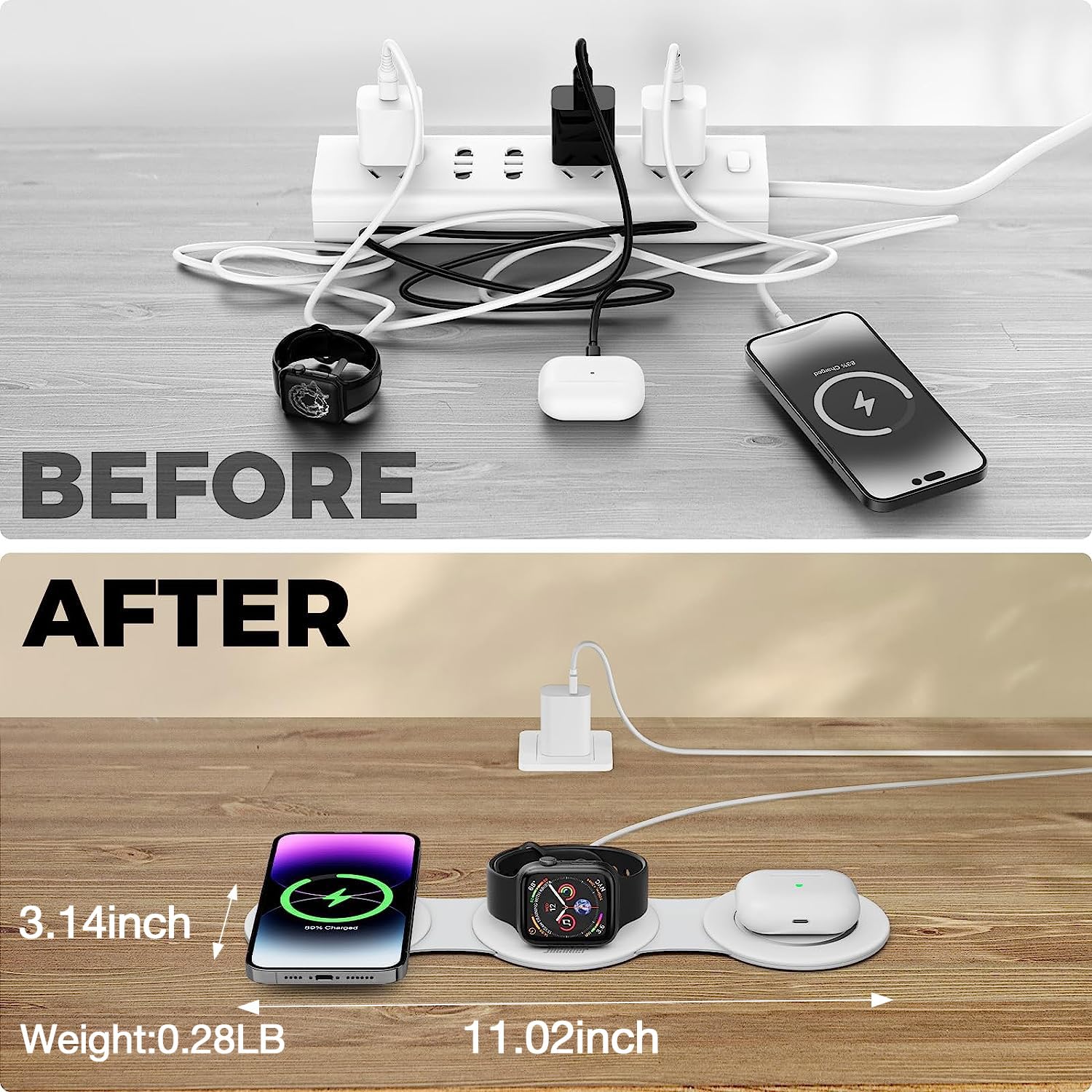 Hicober 3 in 1 Wireless Charging Station for iPhone 15, Magnetic Foldable Travel Charger Station Stand 18W for iPhone 15 14 13 12 Pro/Max/Plus/Apple Watch All Series & Airpods