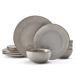 pfaltzgraff emma 12 piece dinnerware set, service for 4, gray