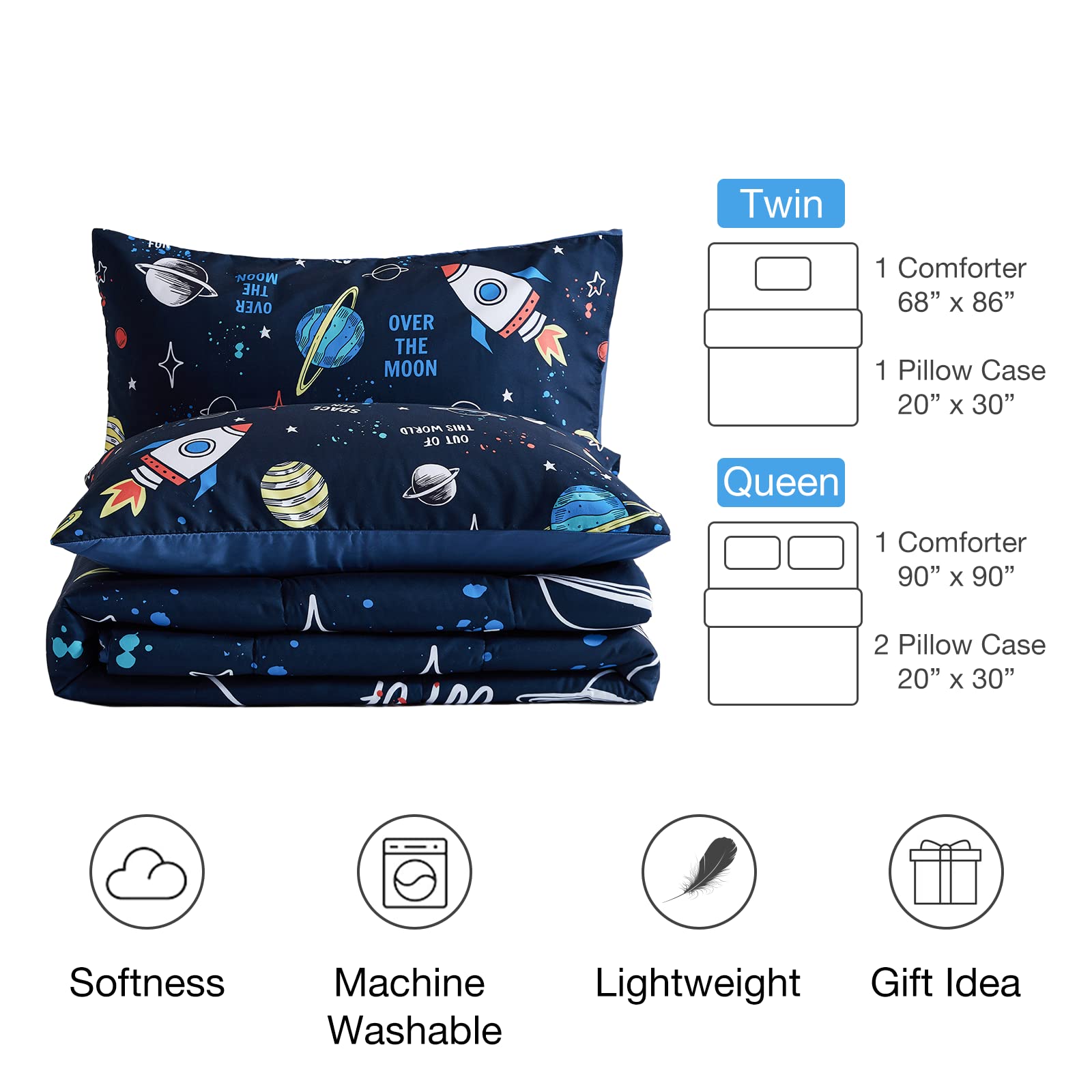 beeweed 3 Piece Kid Comforter Set Queen Size, Space Rocket Bedding Set for Teen Boys Girls