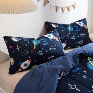 beeweed 3 Piece Kid Comforter Set Queen Size, Space Rocket Bedding Set for Teen Boys Girls