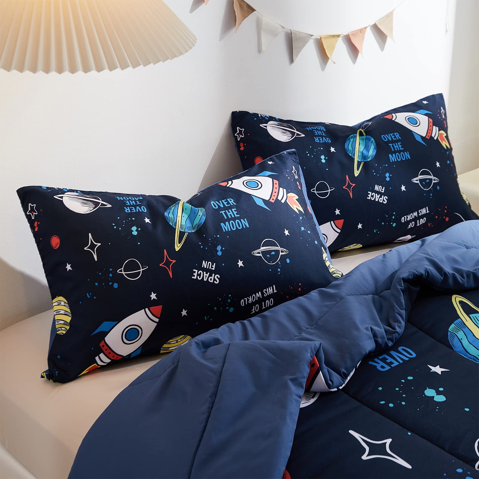 beeweed 3 Piece Kid Comforter Set Queen Size, Space Rocket Bedding Set for Teen Boys Girls