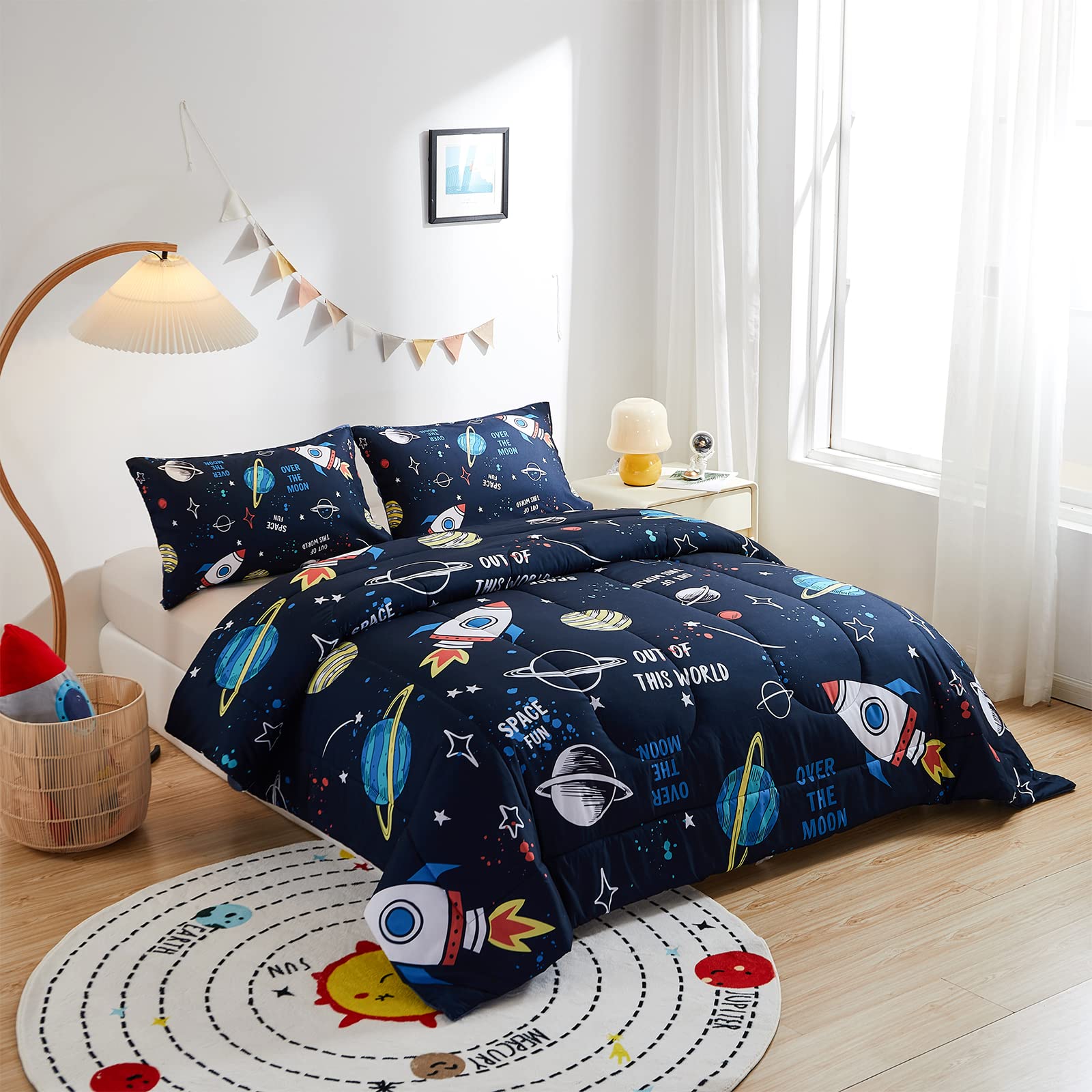 beeweed 3 Piece Kid Comforter Set Queen Size, Space Rocket Bedding Set for Teen Boys Girls