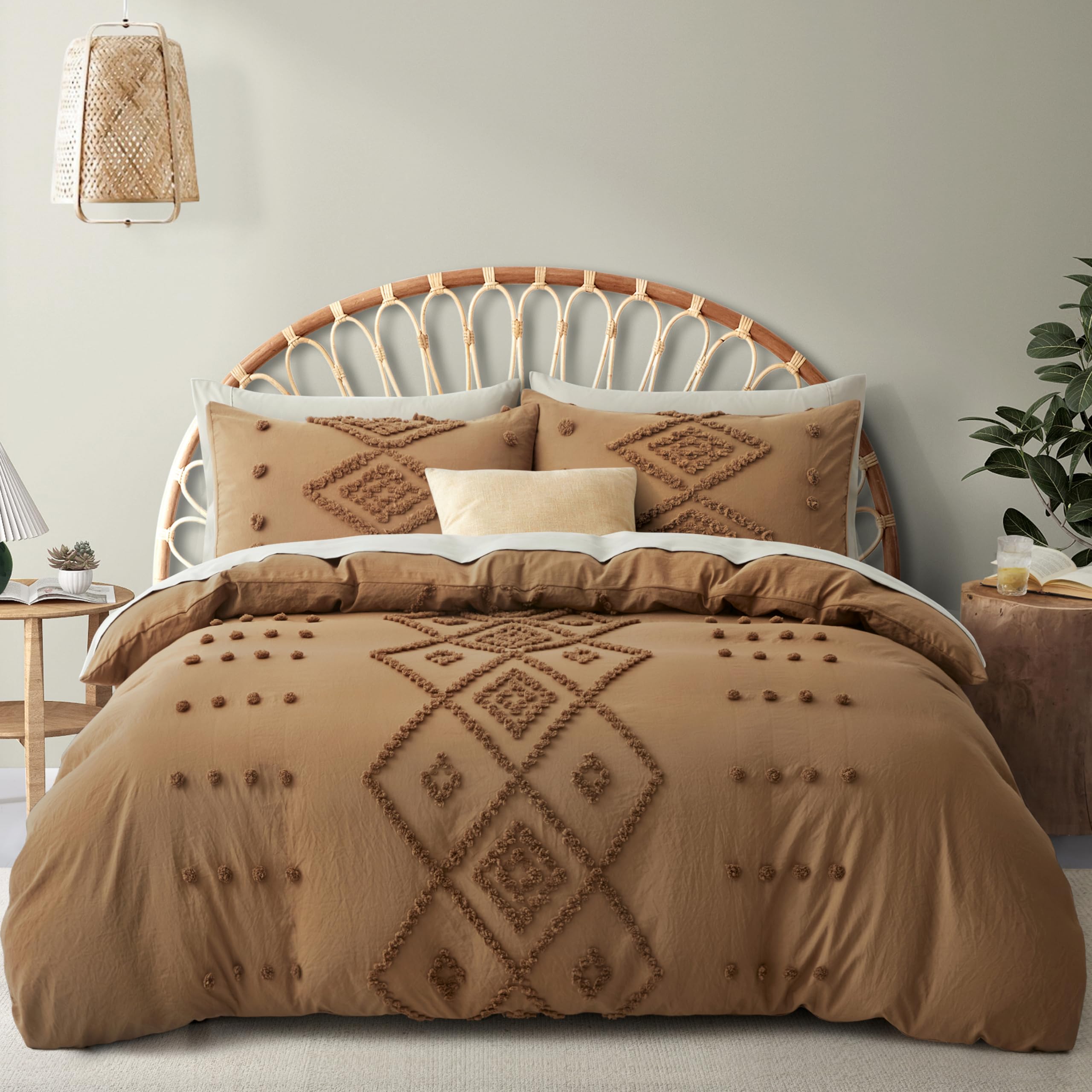 Oli Anderson Tufted Duvet Cover, Soft and Lightweight Duvet Covers Set for All Seasons, 3 Pieces Boho Embroidery Shabby Chic Bedding Set (Pumpkin Brown, Queen, 90"×90")