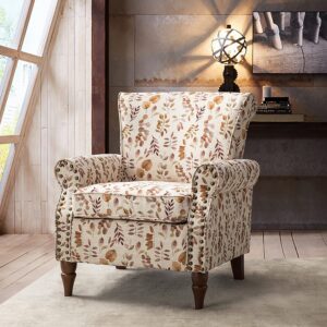 hulala home modern wingback accent chair with wood legs & removable cushion, comfy upholstered armchair with nailhead trim, floral pattern single sofa chair for living room bedroom, yellow