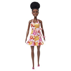 barbie loves the ocean doll with natural black hair, pineapple dress & accessories, doll & clothes made from recycled plastics