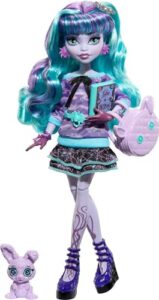 monster high creepover party doll, twyla with pet bunny dustin, sleepover clothes & accessories like hoodie, book & backpack