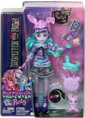 Monster High Creepover Party Doll, Twyla with Pet Bunny Dustin, Sleepover Clothes & Accessories like Hoodie, Book & Backpack