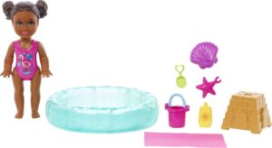 barbie skipper babysitters inc small doll & accessories playset with brunette doll, swimming pool & water-themed pieces