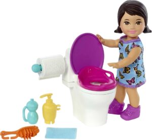 barbie skipper babysitters inc doll & accessories set with brunette doll in butterfly dress, potty & bathroom-themed pieces