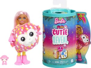 barbie cutie reveal chelsea small doll, jungle series monkey plush costume, 7 surprises including mini pet & color change