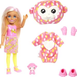 Barbie Cutie Reveal Chelsea Small Doll, Jungle Series Monkey Plush Costume, 7 Surprises Including Mini Pet & Color Change