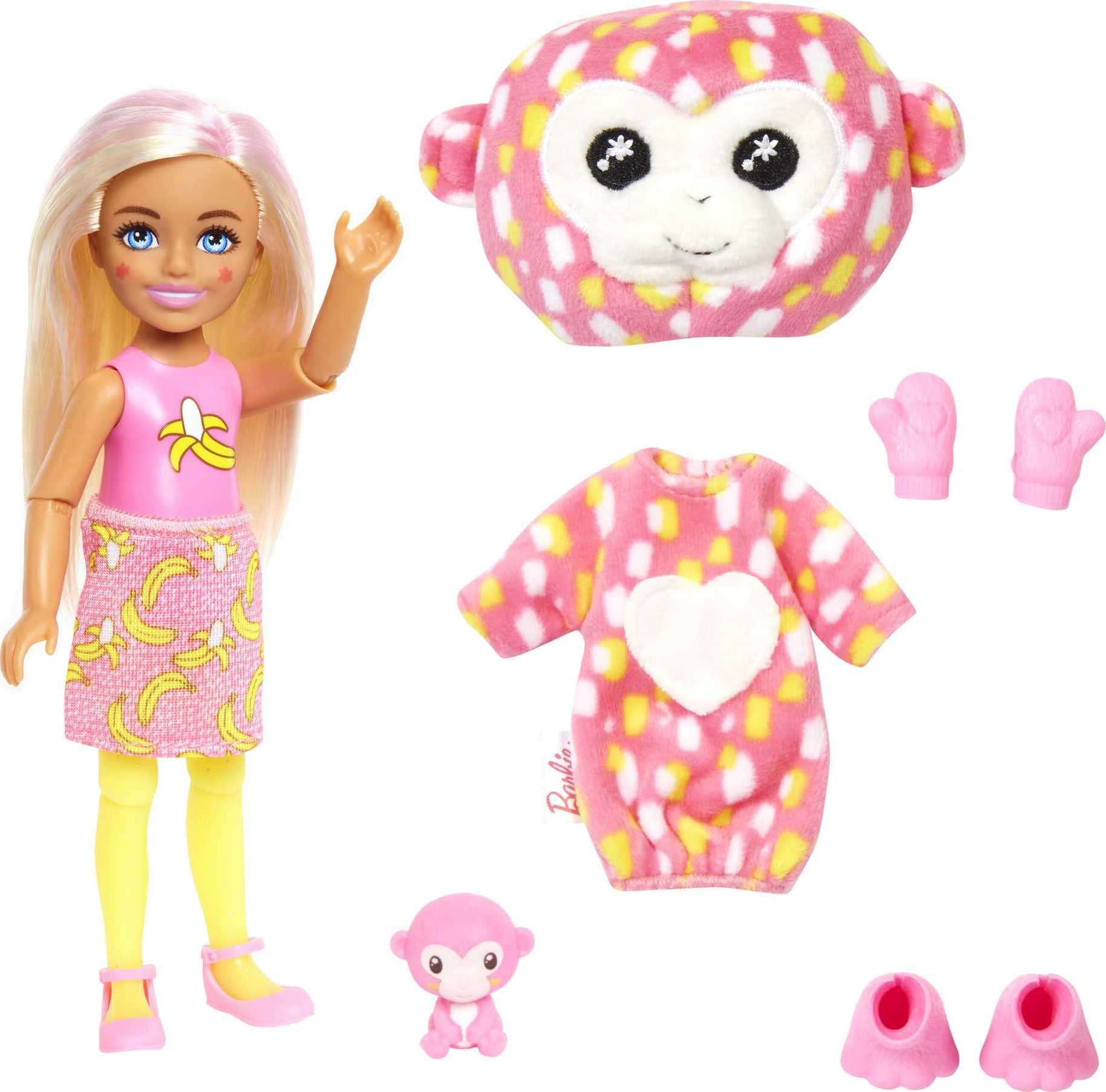 Barbie Cutie Reveal Chelsea Small Doll, Jungle Series Monkey Plush Costume, 7 Surprises Including Mini Pet & Color Change