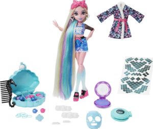 monster high doll, lagoona blue spa day with wear & share accessories including hair clips, hair chalk & tattoos