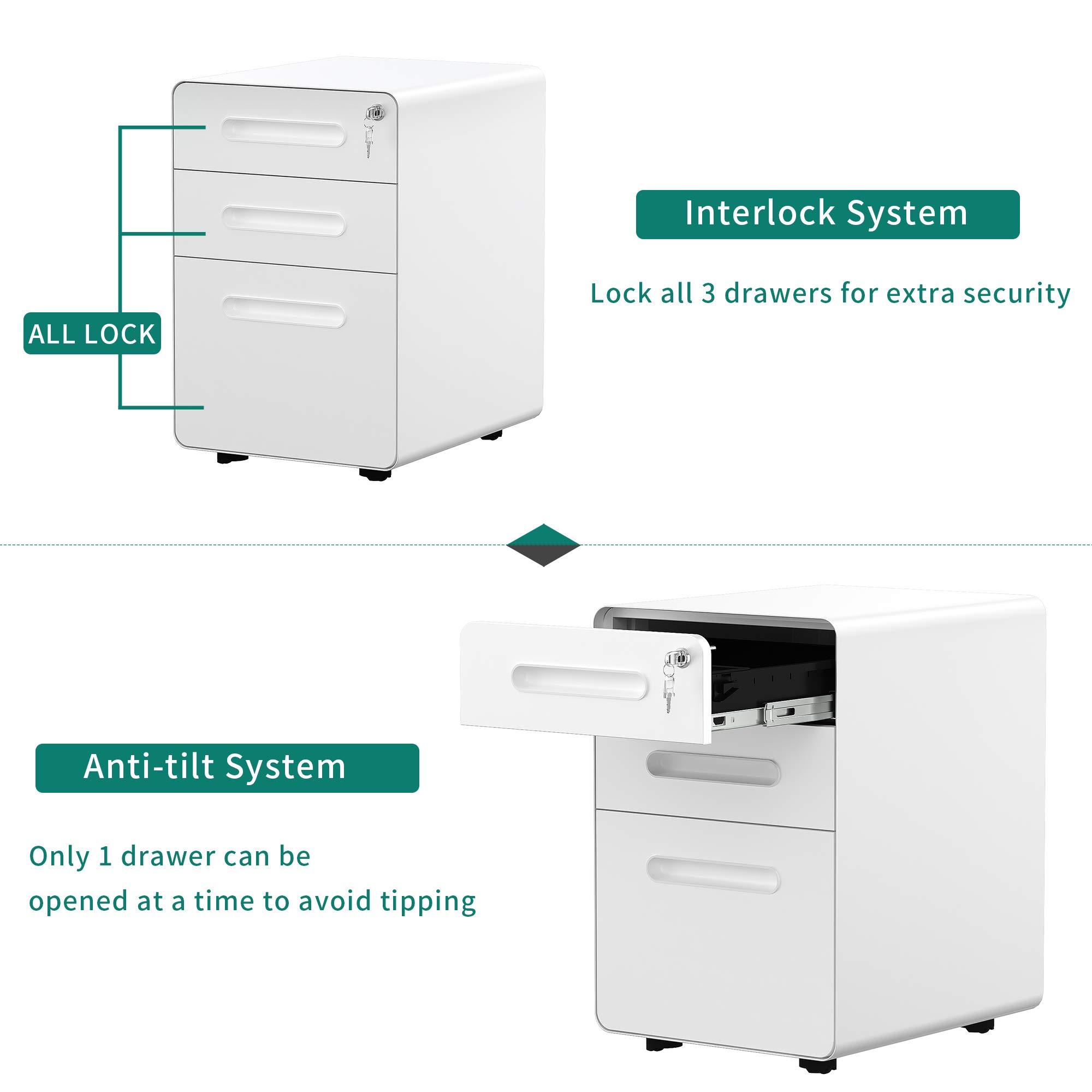 YITAHOME 3-Drawer Metal Mobile File Cabinet, Rolling Filing Cabinet with Lock, Filing Cabinet Under Desk fits Legal/A4 Size for Home/Office, Fully Assembled,White