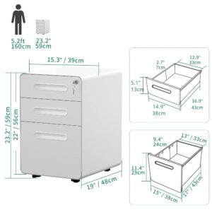 YITAHOME 3-Drawer Metal Mobile File Cabinet, Rolling Filing Cabinet with Lock, Filing Cabinet Under Desk fits Legal/A4 Size for Home/Office, Fully Assembled,White