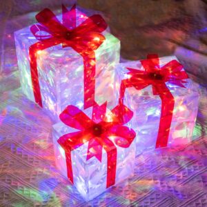 hourleey set of 3 christmas lighted gift boxes, pre-lit 60 led light up present boxes ornament decorations for indoor outdoor xmas tree home yard lawn decor (multicolor)