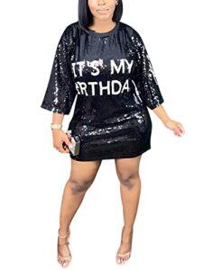 kirjaudu women sequin glitter letter print 3/4 sleeve round neck party club mini t shirt dress black m