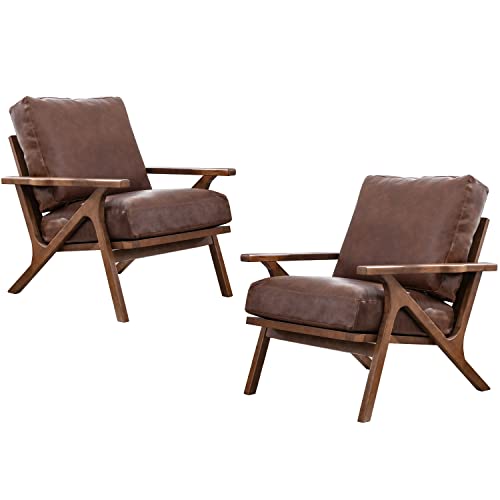 chairus Leather Accent Chairs Mid Century Modern Armchairs Compfy Upholstered Lounge Sofa Chairs for Living Room Fireplace/Bedroom/Reception/Dorm, Set of 2, PU Brown