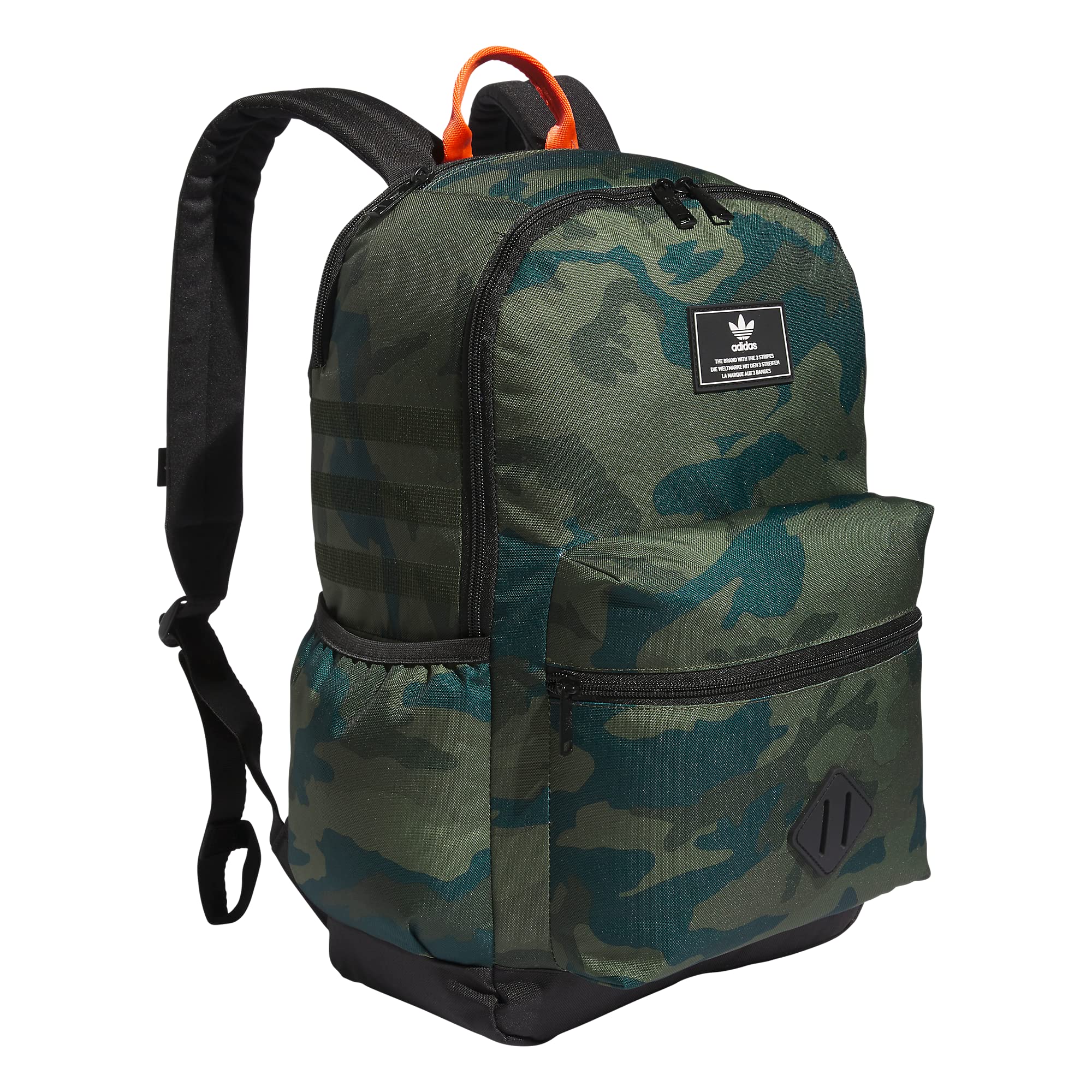 adidas Originals National 3.0 Backpack, Classic Camo Olive Cargo/Black/Impact Orange, One Size