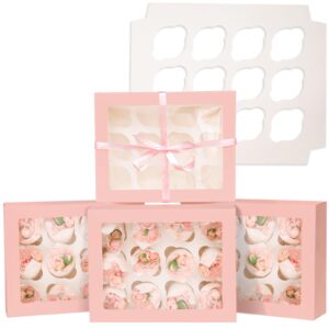 12 cupcake containers 10-packs pink cupcake box cupcakes carrier, 12 cupcake boxes with window 13"x10"x3.5"（auto-pop up）