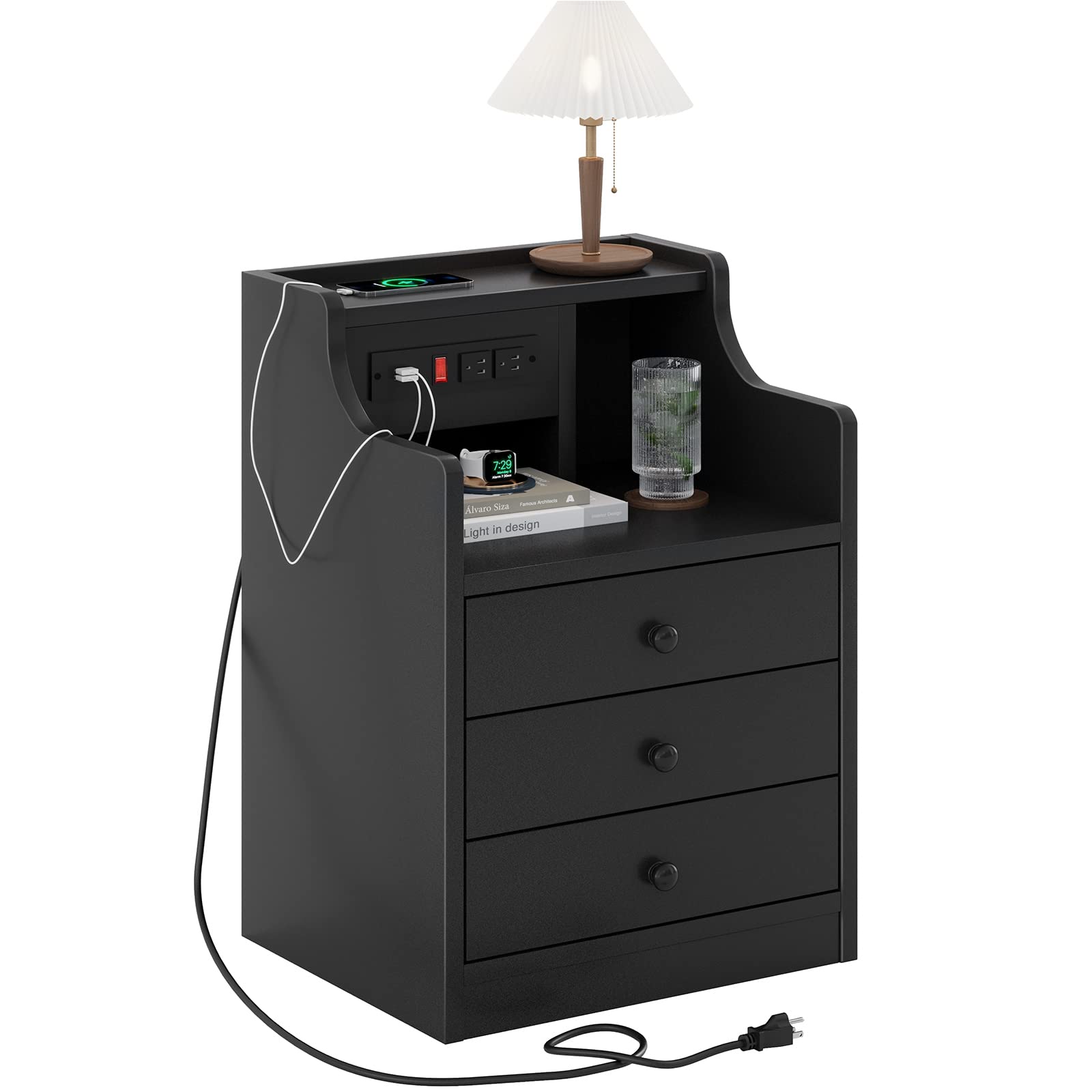 ADORNEVE Nightstand with Charging Station,Black Night Stand for Bedroom,End Table with Hutch & Storage Drawers