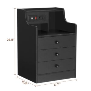 ADORNEVE Nightstand with Charging Station,Black Night Stand for Bedroom,End Table with Hutch & Storage Drawers