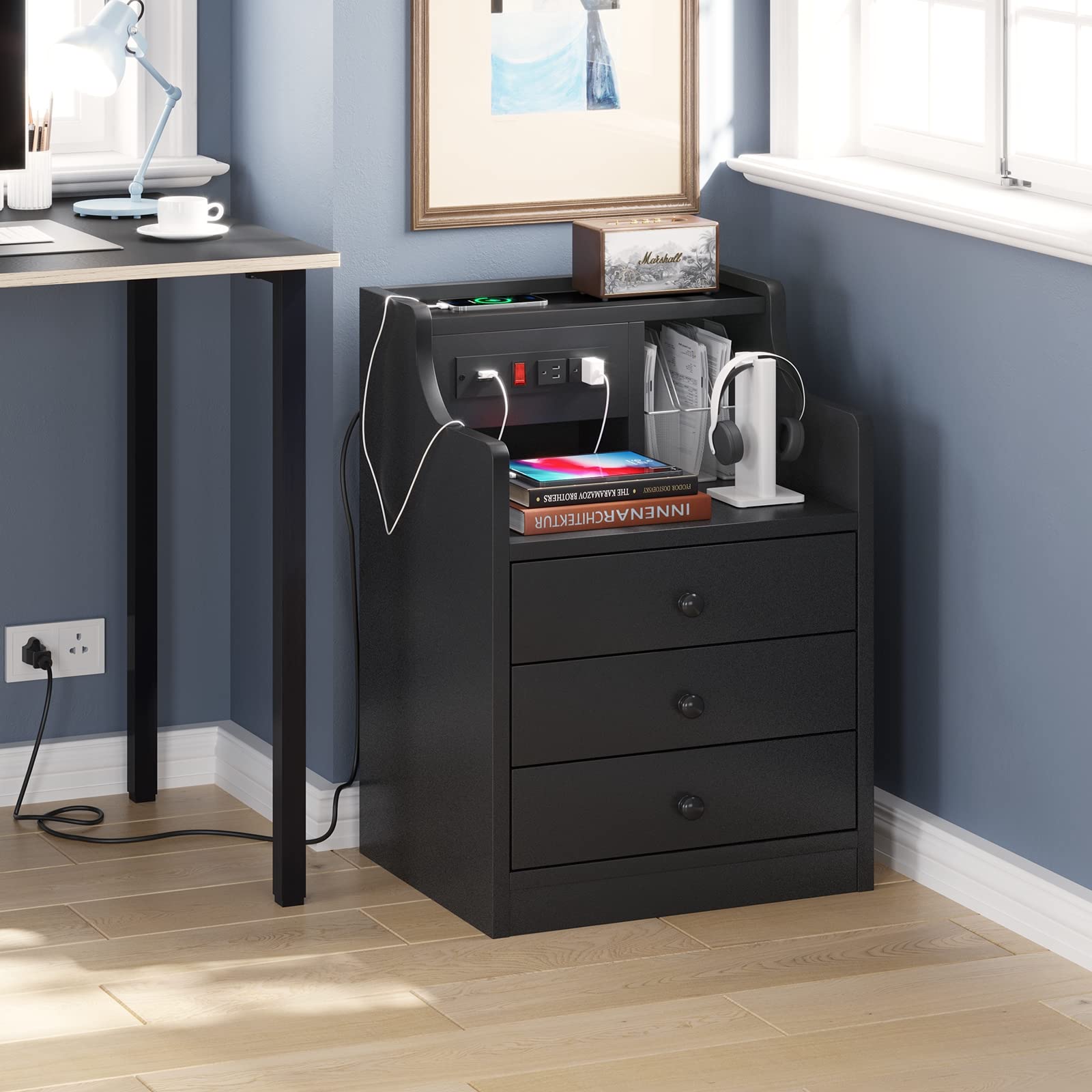 ADORNEVE Nightstand with Charging Station,Black Night Stand for Bedroom,End Table with Hutch & Storage Drawers