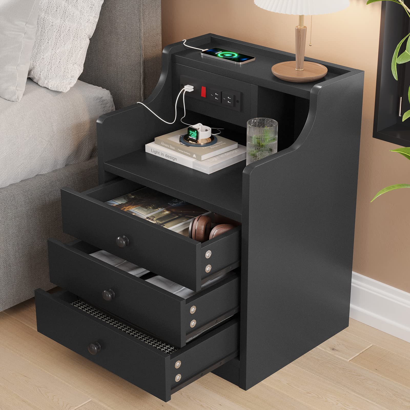 ADORNEVE Nightstand with Charging Station,Black Night Stand for Bedroom,End Table with Hutch & Storage Drawers