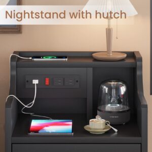 ADORNEVE Nightstand with Charging Station,Black Night Stand for Bedroom,End Table with Hutch & Storage Drawers