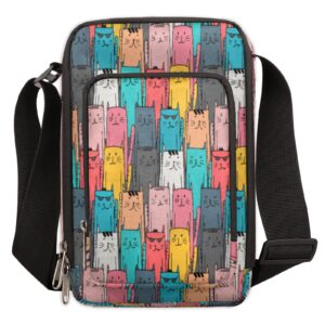 colorful cute cats crossbody bag for women men, animal cat pattern messenger bag lightweight sling purse portable daypack waterproof shoulder bag for sport travel work business leisure festivals