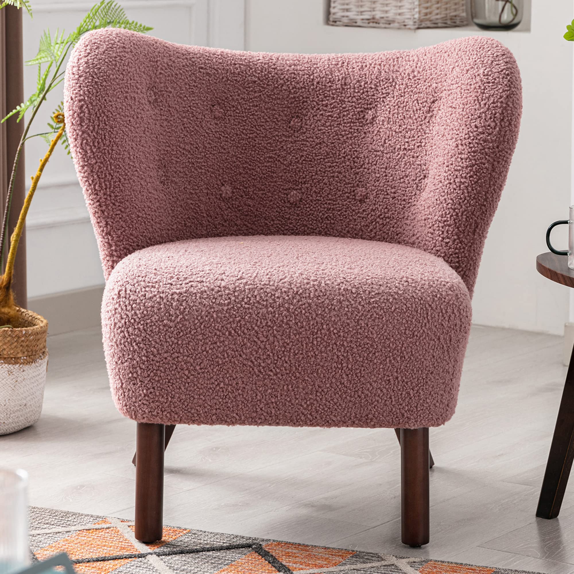 ViolaDresses Modern Accent Chair Lambskin Sherpa Wingback Tufted Side Chair with Solid Wood Legs for Living Room Bedroom，Blush