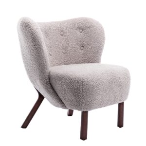 violadresses modern accent chair lambskin sherpa wingback tufted side chair with solid wood legs for living room bedroom，warm grey