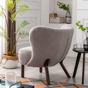 ViolaDresses Modern Accent Chair Lambskin Sherpa Wingback Tufted Side Chair with Solid Wood Legs for Living Room Bedroom，Warm Grey