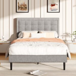 UNIZONE Full Size Bed Frame, Upholstered Platform Bed with Button Tufted Headboard, Wood Slats Support, Mattress Foundation, No Box Spring Needed, Easy Assembly, Light Grey