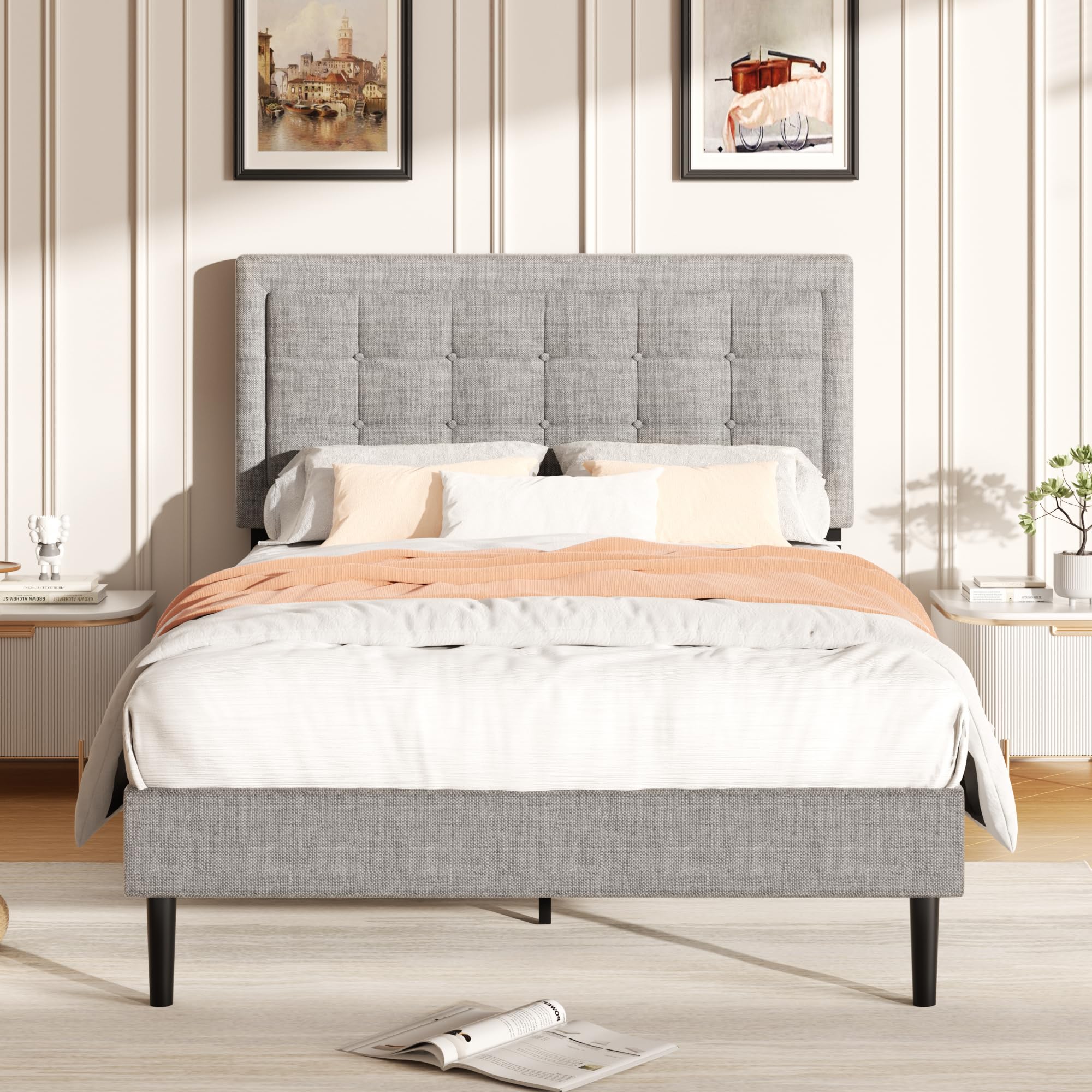 UNIZONE Full Size Bed Frame, Upholstered Platform Bed with Button Tufted Headboard, Wood Slats Support, Mattress Foundation, No Box Spring Needed, Easy Assembly, Light Grey