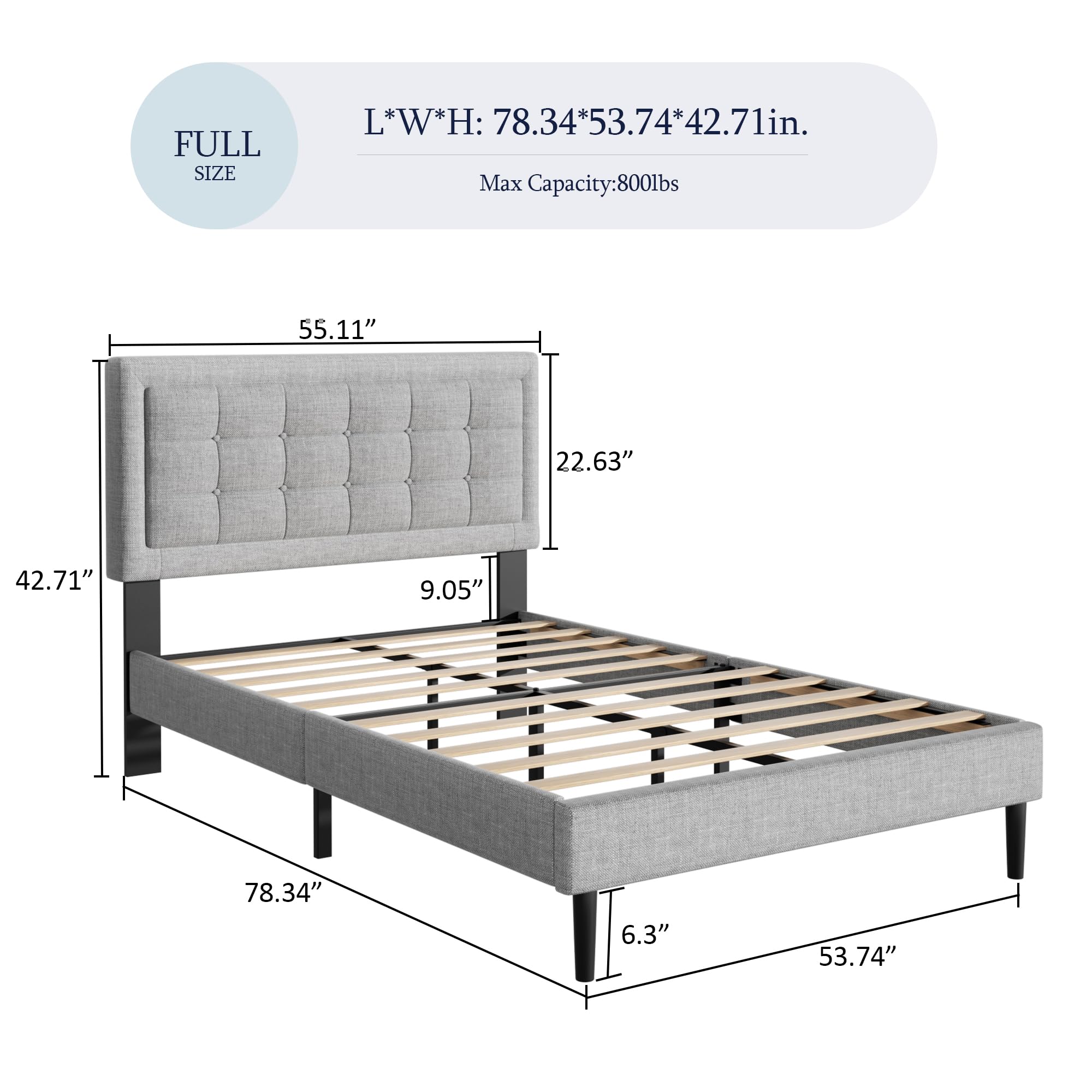 UNIZONE Full Size Bed Frame, Upholstered Platform Bed with Button Tufted Headboard, Wood Slats Support, Mattress Foundation, No Box Spring Needed, Easy Assembly, Light Grey