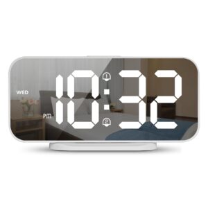 alanas digital alarm clock with dual alarms, mirror led bedroom alarm clocks for kids, adjustable brightness, snooze, 2 usb ports for cellphone charging, 12/24 hour display., white