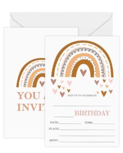 jjoinus birthday party invitations for girls kids, boho brown rainbow invites with envelopes, 20 pieces of fill-in blank invitation card kit