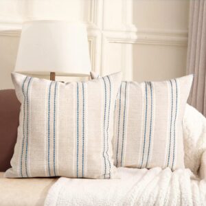 aels 18x18 decorative farmhouse linen throw pillow covers, boho textured pillow case, set of 2,beige with white & navy blue stitch yarn dyed stripe cushion cover for sofa couch living room(cover only)